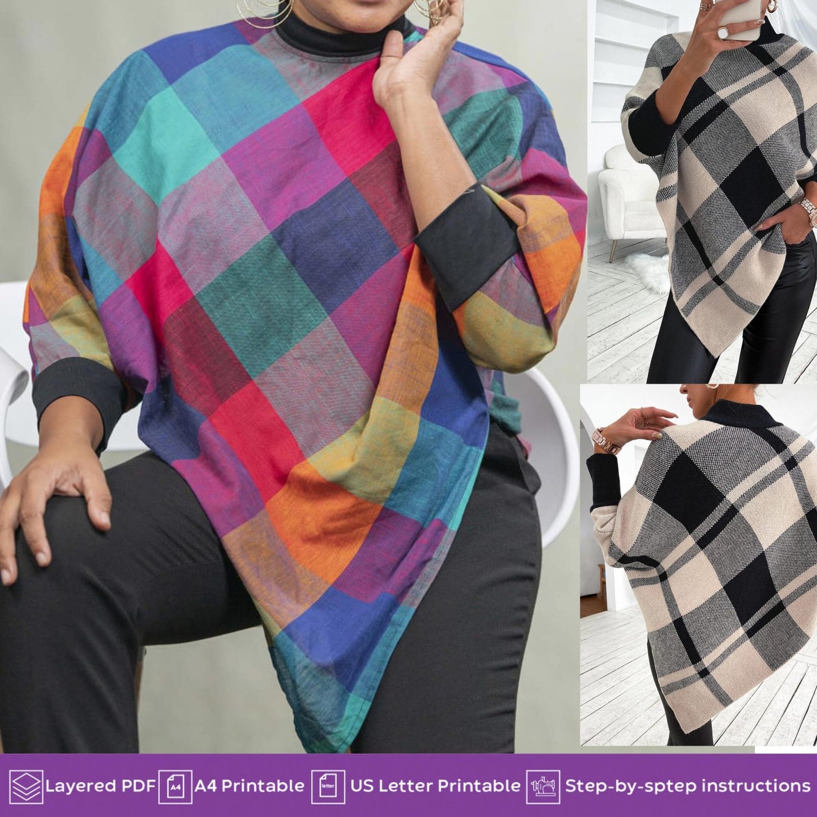High Neck Plaid Poncho Top PDF Sewing Pattern - Craftbook99